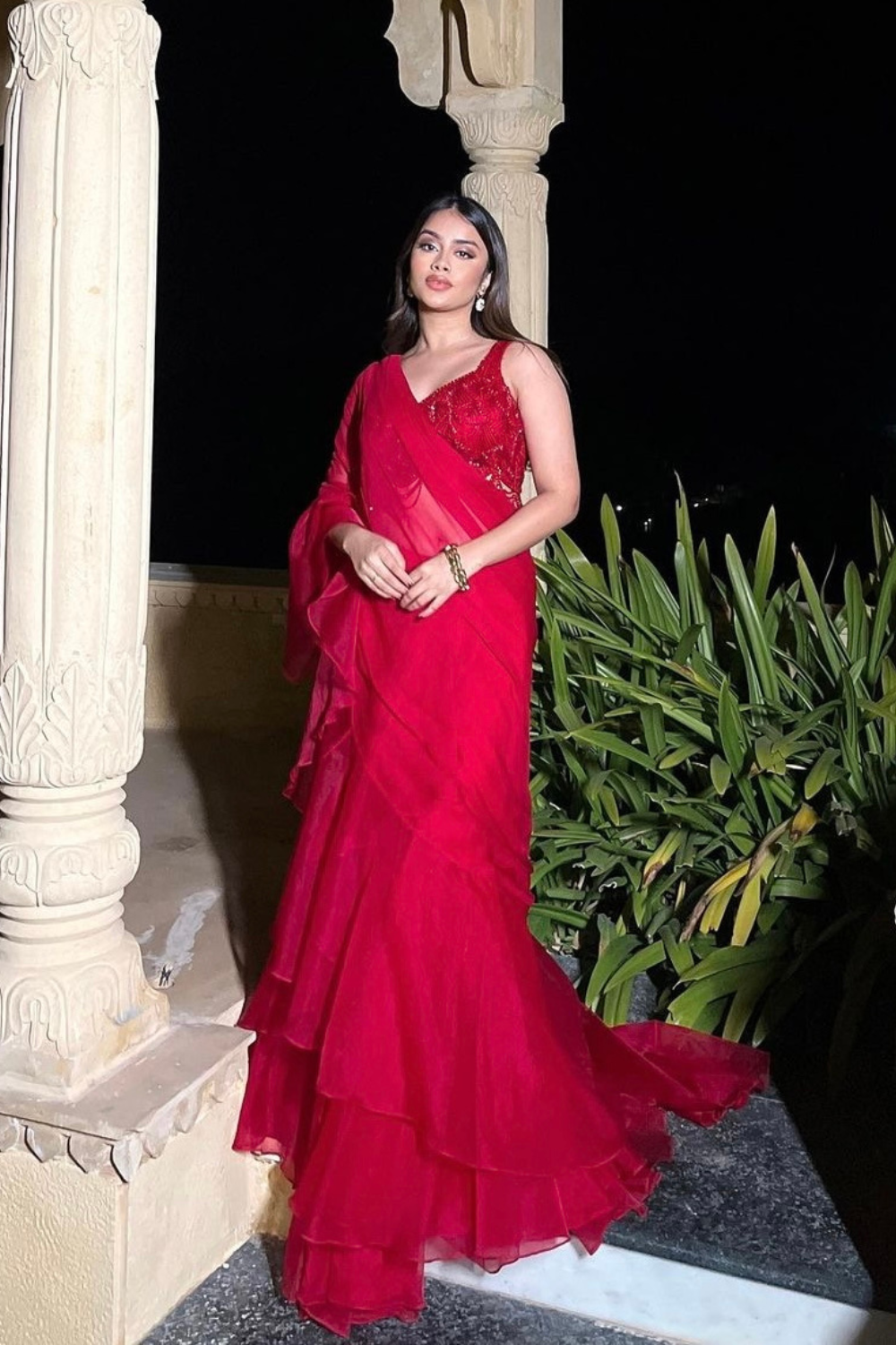 Divita Anjesh in RED RUFFLE SAREE – Label Moni K